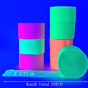 Glow in The Dark Party Decorations, 8pcs 1.75 inches Wide 100 feet Long Streamer Decorations Neon Crepe Paper UV Reactive Party Streamers Backdrop Decorations for Birthday Holiday Fiesta Party