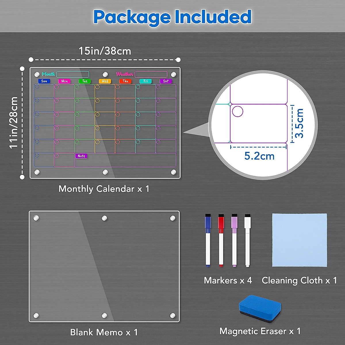 D-FantiX Clear Magnetic Calendar for Fridge, 6 Thickened Magnets Acrylic Dry Erase Board for Refrigerator, Set of 2 Family Monthly Weekly Planning Boards, Reusable Calendar and Blank Memo (15"x11")