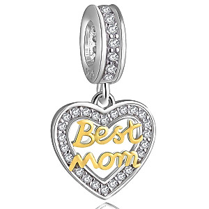 Best Mom Heart Charms for Women - 925 Sterling Silver Dangling Pendants Beads - Fit Pandora Mother’s Day Bracelets, Necklaces, European Snake Chains - Gifts for Thanksgiving .