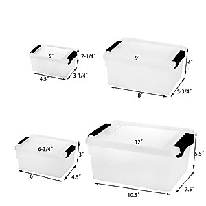 Jucoan 4 Pack Clear Plastic Storage Bin with Lid and Black Buckles, 8.5/4.5/1/0.5 Quart Stackable Plastic Latch Bin Tote Container for Snack Toy Crafts Art Supplies