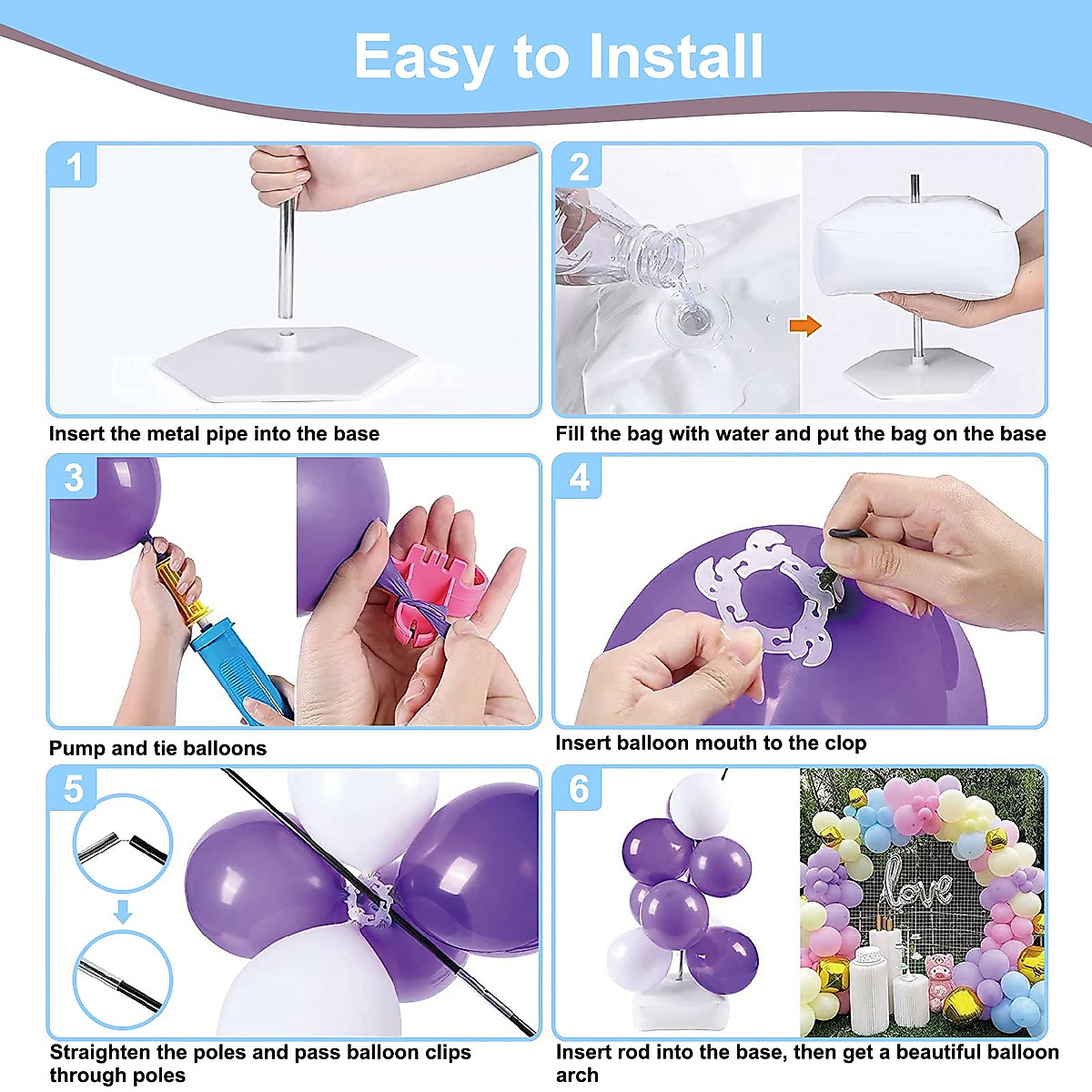 RUBFAC Balloon Arch Stand Kit with 100pcs Rainbow Balloons 2 Pumps 10Ft Wide Adjustable Balloon Arch with Water Bases 60 Balloon Clips for Wedding Graduation Decoration Birthday Party Supplies