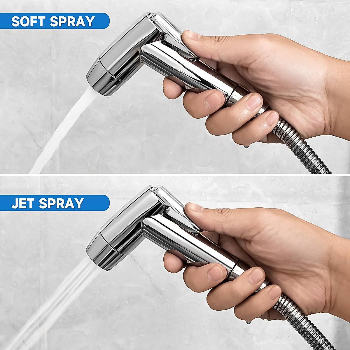 SAMODRA Bidet Faucets, Handheld Bidet Sprayer for Toilet with Switching Between Two Rinsing Modes and Adjustable Water Pressure Easy to Install and Use (Chrome Silver)