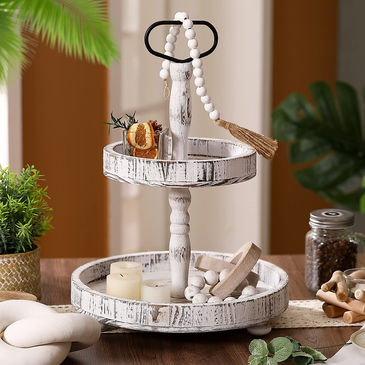 Tiered Tray Cupcake Stand 2 Tiered Tray Stand and Wood Beads Decorative Trays with Handle, Round Rustic Stand for Kitchen, Homeware Display Platters for Party (White)