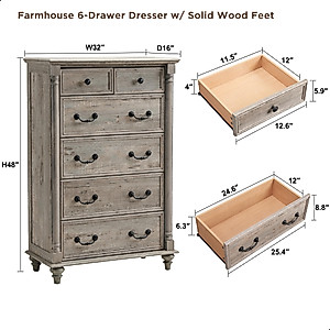 T4TREAM Farmhouse 6 Drawers Dresser Chests for Bedroom w/4 Solid Wood Feet & Column Decor, Tall Wood Country Rustic Chest of Drawers, Storage Dressers for Bedroom, Living Room, Light Rustic Oak