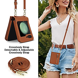 XIMAND for Samsung Galaxy Z Flip 5 Luxury Zipper Wallet Phone Case, Multi-Function Kickstand Card Holder Adjustable Crossbody Strap, Fashion Flip Case.(Brown)