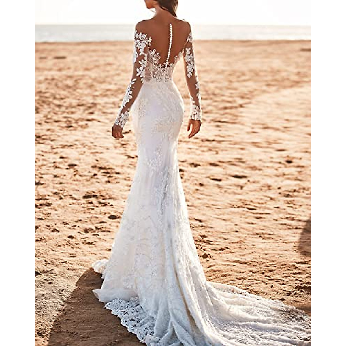 BEAUTFOR Womens Long Sleeve Lace Bohe Wedding Dresses Mermaid Illusion Top Ivory Bridal Gowns for Beach Wedding Party US Size 2