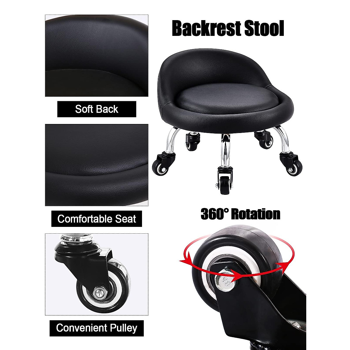 Lanstics Low Roller Seat Stools on Wheels Chair Leather Cushion Roller Seats with Back Rest Small 360 Rotating Rolling Stool Seats for Home Office Fitness Round Rolling Seat (Black)