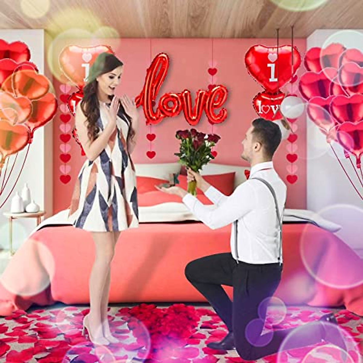 I Love You Balloons and Heart Balloons Kit with 2000 Pcs Dark-Red Silk Rose Petals Wedding Flower Decoration for Valentine Day Party Decorations