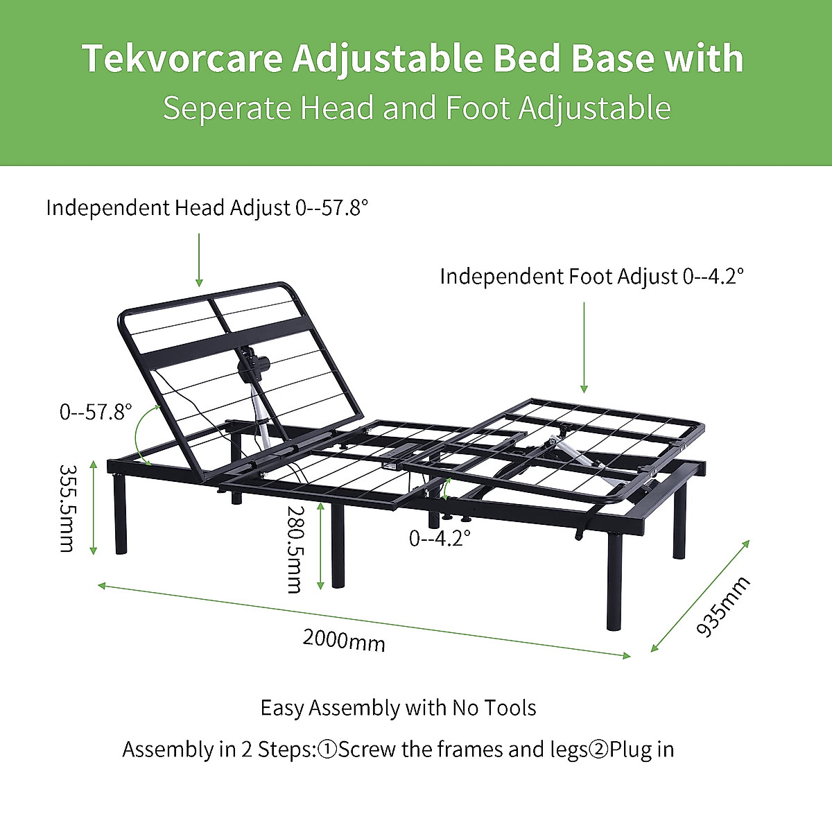 Adjustable Bed Base Frame with New Generation Motor, Remote, Head and Foot Incline, Intelligent Sleep Aid,High Weight Capacity, Easy Self-Assembly,Twin XL
