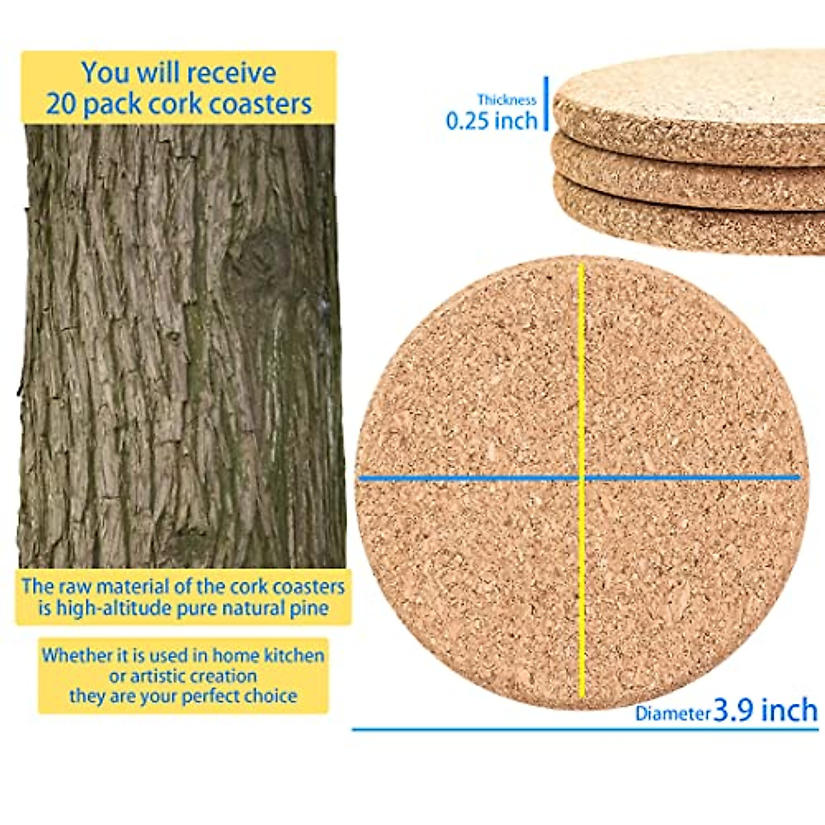 MotBach 20 Pack Extra Thick Natural Cork Drink Coasters,1/4" Thick Reusable Cork Coaster,All Drinks for Family,Office, Bar,Simple Shape, Versatile,Used for DIY