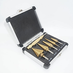 6pcs High Speed Steel Titanium Plated Step Drill Set Plus Center Positioner with Aluminum Storage Index Box Can be Used for Sheet Metal Wood (6pcs Titanium Step Drill bits)…