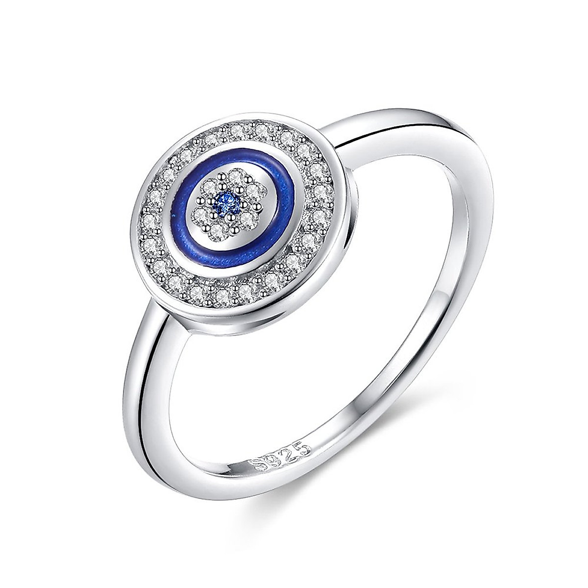 Round Blue Evil Eye Band Ring in Sterling Silver 925 Cubic Zirconia & Enamel[Size 6]