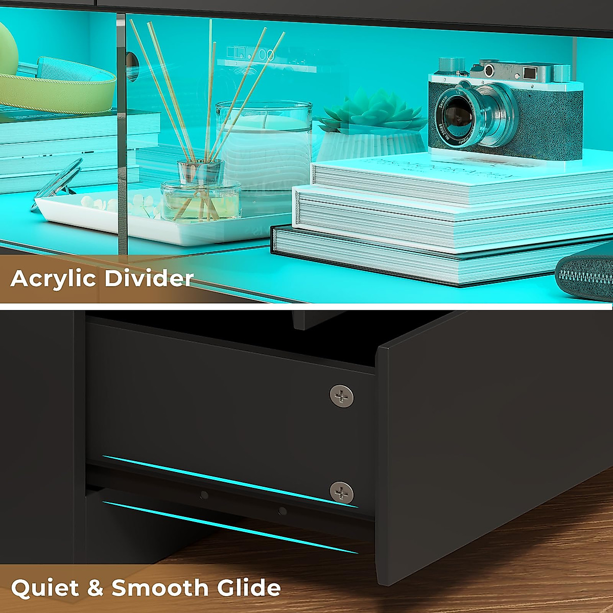 BTHFST 8 Drawer Dresser for Bedroom with RGB Lights & Power Outlet, 47" W Double Dresser with Open Shelves, Modern No Handle Chest of Drawers for Closet, Black