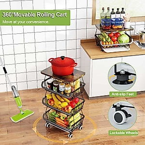 4 Tier Fruit Basket for Kitchen - Stackable Fruit and Vegetable Storage Cart with Wooden Top Rolling Wheels Metal Wire Basket Organizer for Onions Potatoes Storage Utility Rack Bins for Kitchen Pantry