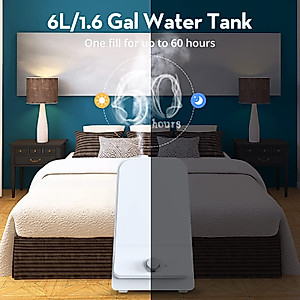 Humidifiers for Large Room, 6L Cool Mist Humidifier, 26dB Quiet Ultrasonic Humidifiers for Bedroom Home Office, 20-60 Hours, 360° Nozzle,Night Light, Auto Shut-Off and Easy to Clean