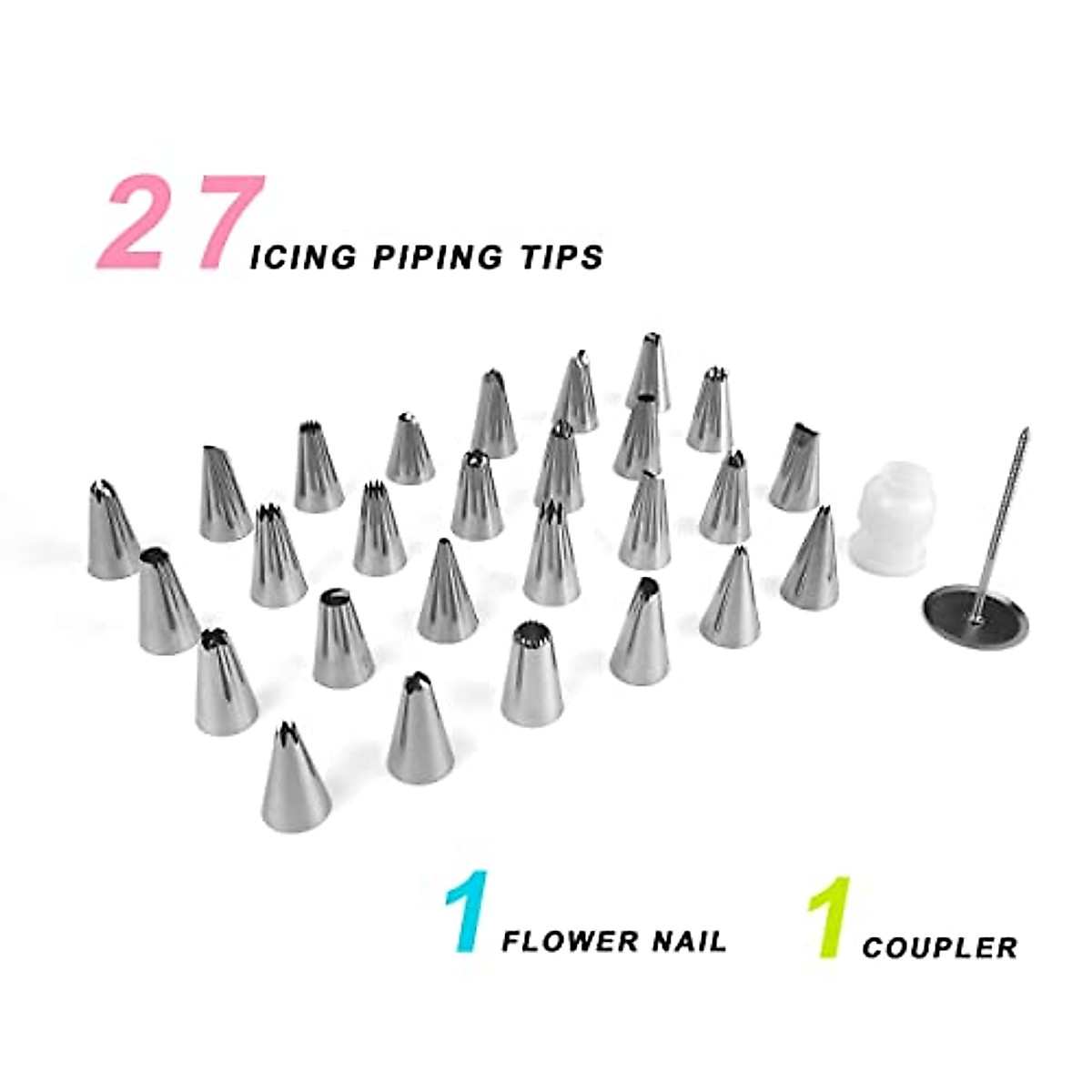 FIVETAS Cake Decorating Kit-27Numbered Icing Tips,50 Pastry Bags.6 Scrapers,1 Flower Nail,1 Piping Nozzles Coupler,1 Plastic Box and 1 Pattern Chart.