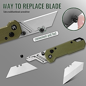 HIGHTRON Vectron Folding Utility Knife Box Cutter,Box Cutter Knife,Pocket Carpet Knife,Razor Knife with G10 Handle&Belt Clip,Quick-change Blade,Utility Pocket EDC Knife with 10 Extra SK2 Blades(Green)
