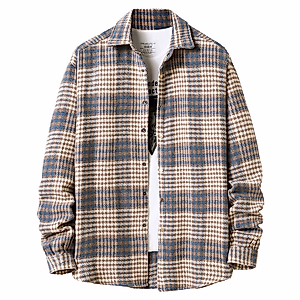 Locachy Men's Casual Cotton Plaid Shirts Long Sleeve Button-Down Flannel Overshirt Jacket Blue Plaid-L