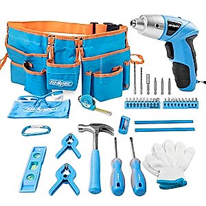 Hi-Spec 27 Piece Blue 4.8V Electric Cordless Power Screwdriver Bundle with Kids Belt Tool Kit Set