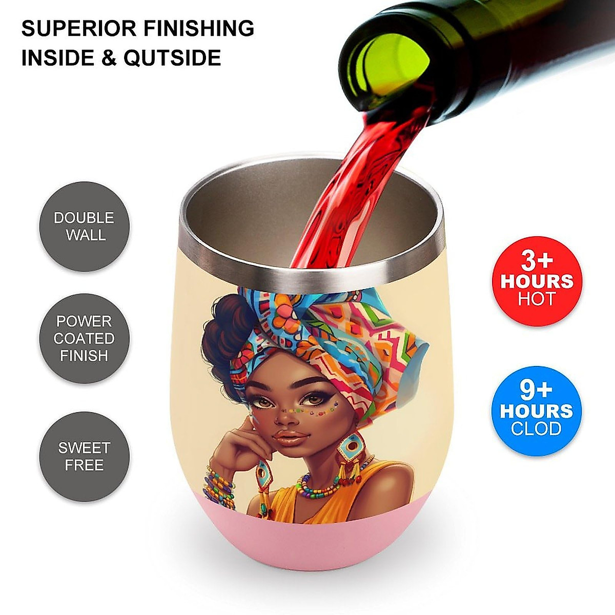 African Ame-rican Woman Insulated Tumbler with Lid Stainless Steel Coffee Mug Cute Wine Tea Water Cup Pink-style