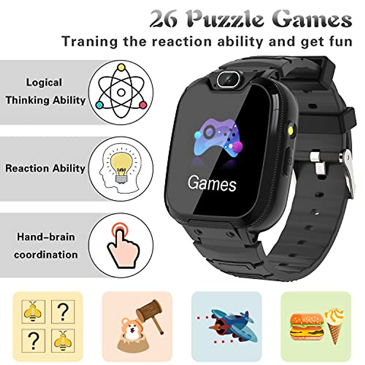 Kids Smart Watch with Camera Games Pedometer Video/Music Player Flashlights Calculator Alarm Clock Children Touch Screen Toy for Boys,Girls Age 4-12(Black)