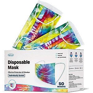 WECARE Disposable Face Mask Individually Wrapped - 50 Pack, Tie Dye Masks 3 Ply