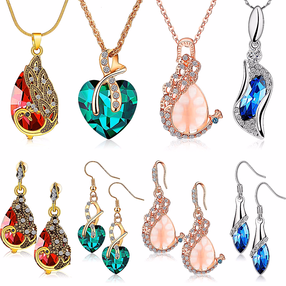 MTLEE 4 Sets Peacock Jewelry for Women, Valentine's Day Gifts Crystal Necklace Earrings, Rhinestone Waterdrop Pendant, Heart Charm Hook Earrings for Birthday Party Gifts