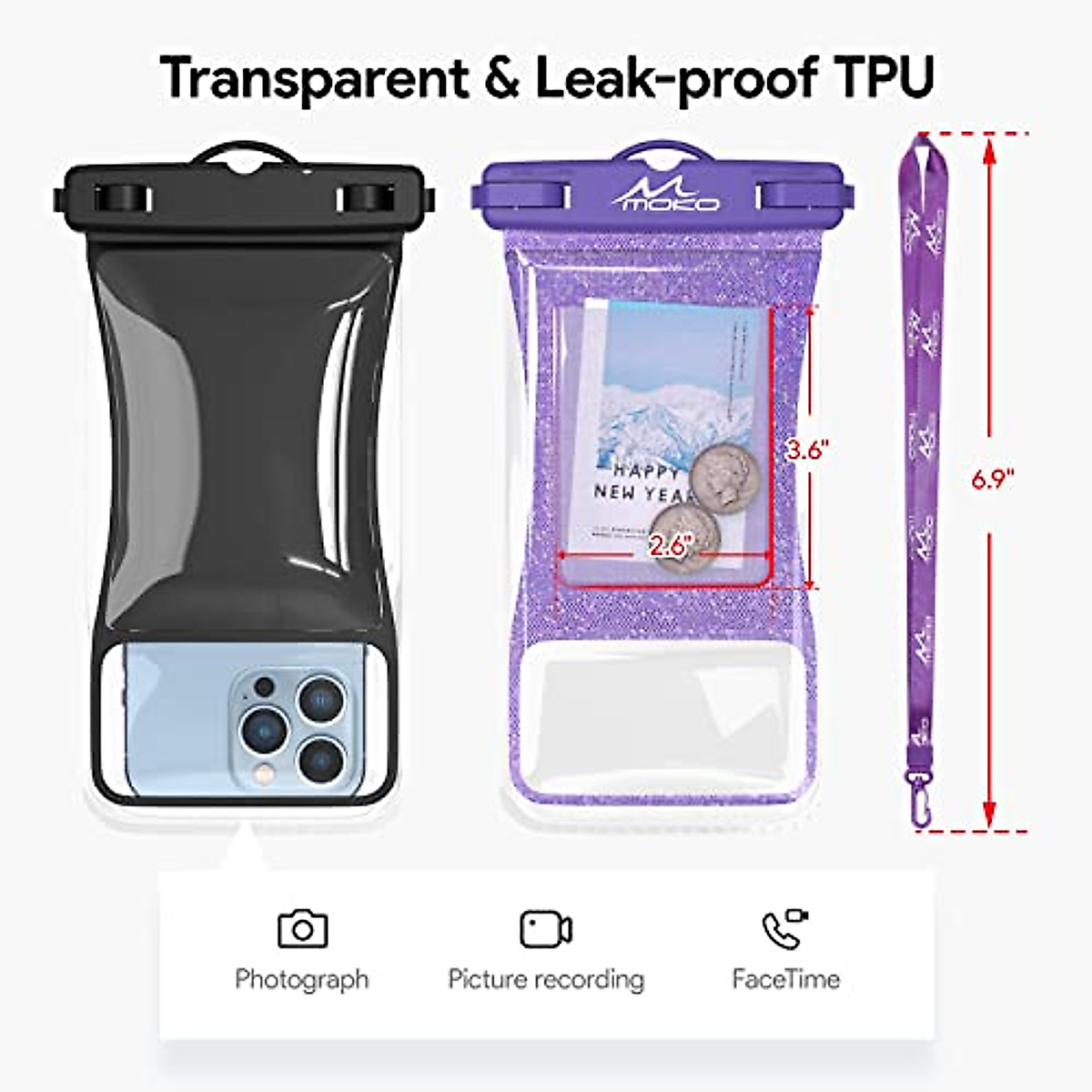 MoKo Waterproof Phone Pouch Holder 2Pack, Floating Case Dry Bag with Lanyard Compatible with iPhone 14 13 12 11 Pro Max X/Xr/Xs/SE3, Galaxy S21 Ultra/S9/Note 10+/20 Ultra, Black + Glitter Purple