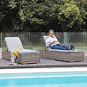 Patiorama Outdoor Patio Chaise Lounge Chair, Elegant Reclining Adjustable Pool Rattan Chaise Lounge Chair with Cushion, Grey PE Wicker, Steel Frame,Light Grey, Set of 2