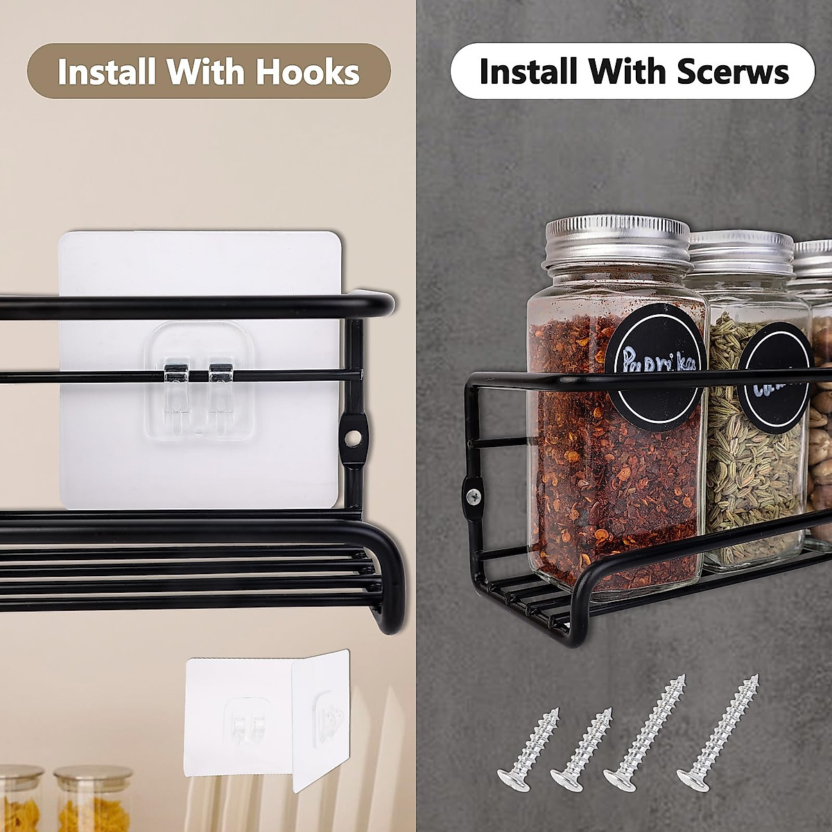 PNHYTUGY Spice Rack Wall Mount, 4 Pack Hanging Spice Rack with 24 Spice Jars, 180 Spice Labels, Whiteboard Marker & Funnel, Screw or Adhesive Spice Rack Organizer for Cabinet.Wall.Metal