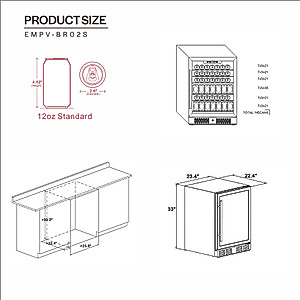 Empava EMPV-BR02S 140 Can Capacity Beverage, Mini Glass Door Built-in Counter or Freestanding Drink Fridge Cool Your Beer Soda to 37F for Kitchen, Bar or Office, 24 Inch, Stainless Steel