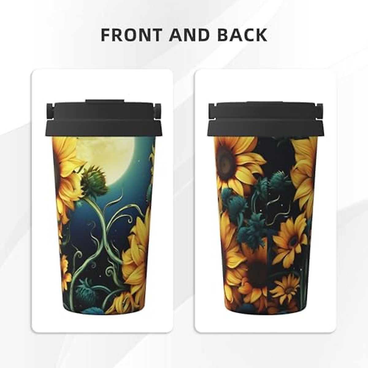 GTKSYNVE Reusable Coffee Mug with Lid and Handle, Moonlight Sunflower Pattern Tumbler for Hot & Cold Drinks 16oz Stainless Steel Insulated Coffee Tumblers Double Wall Vacuum Thermal Cup