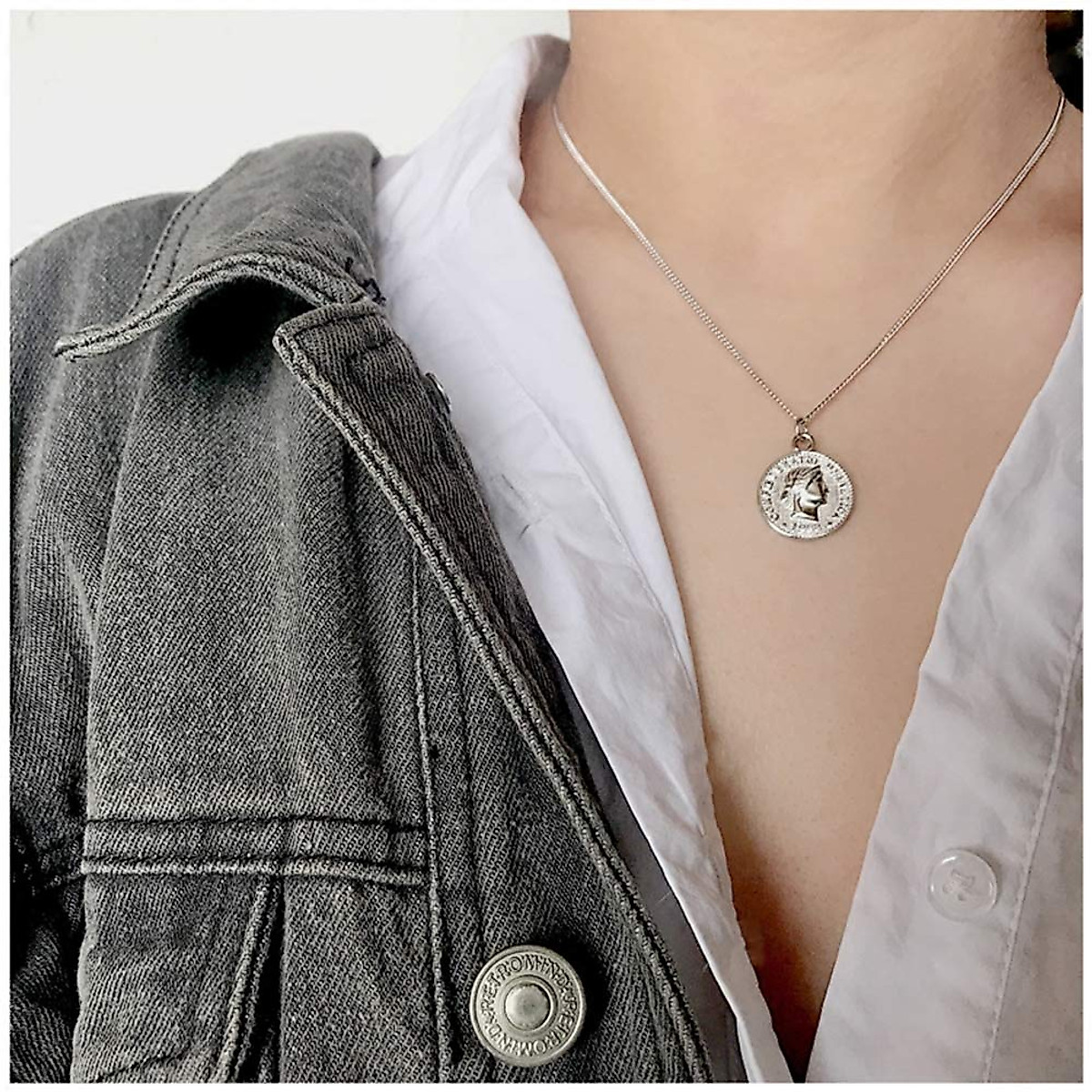 Dtja Carved Coin Pendant Necklace for Women Men 18K White Gold Plated Simple Round Chain Goddess Worship Celebrity Medal Reversible Keepsake Chic Choker Fashion Jewelry Gifts Box