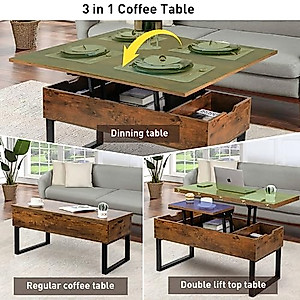 SMOOL Lift Top Coffee Table, 3 in 1 Multi-Function with Hidden Compartment for Living Room, Modern Lift Coffee Table Converts to Dining Table for Reception, Rustic Brown