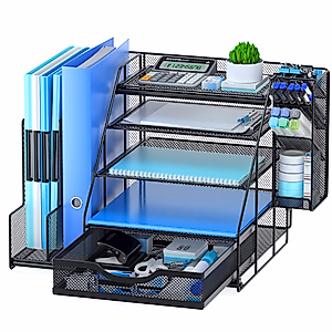 Egepon Office Desk Organizer with Vertical File Folder Holders 5-Tier Paper Letter Tray with Drawer and Hanging Pen Holder Multifunction Office Supplies and Accessories for Office School Home