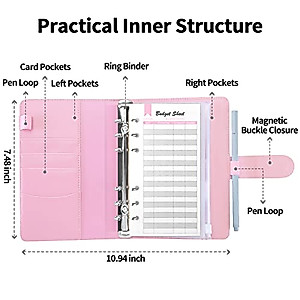 Sooez [Pastel Collection] Money Organizer for Cash, A6 Leather Budget Binder with Zipper Envelopes, 43 Large Rose Gold Sticky Labels & Extra Thick Expense Sheets, Money Saving Binder for Budgeting