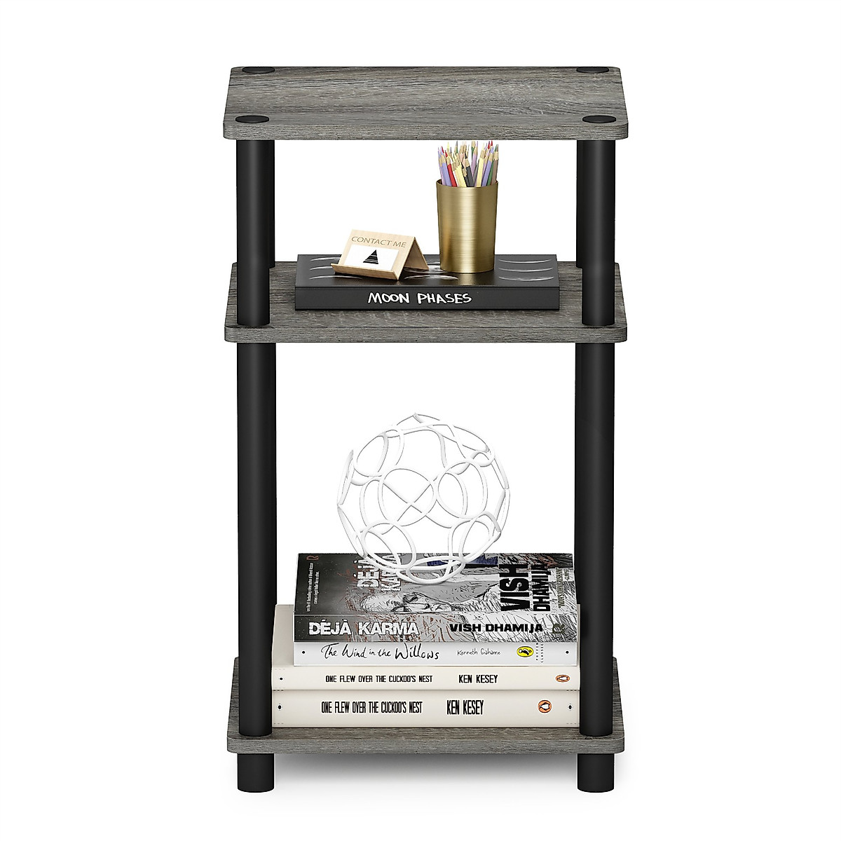 Furinno Just 3-Tier Turn-N-Tube End Table / Side Table / Night Stand / Bedside Table with Plastic Poles, 1-Pack, French Oak Grey/Black