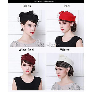 Z&X Winter Wool Fascinator British Pillbox Hat Women Wedding Church Derby Beret Hat Veil Bow Fedoras Black