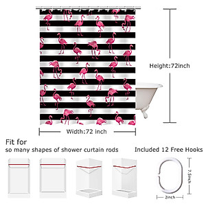 LIVILAN Flamingo Shower Curtains, Pink Shower Curtains with Hooks Flamingo Black and White Stripes Shower Curtains for Bathroom Decor, Machine Washable(72" X 72")
