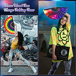4 Pieces Rave Hand Fan Large Folding Fans Craft Hand Fans for Women Holographic Rainbow Hand Fan Performance Hand Fan with Bamboo Ribs Nylon Cloth Folding Dance Fan with Chinese Style Fan Bags Present