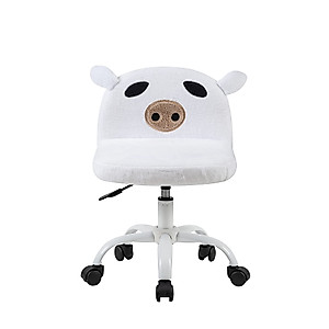 LEEJAY Cute Fuzzy Desk Chair for Teen Girls - Fancy Girl Computer Chair with White Metal Base - Ergonomic Adjustable Armless Swivel Rolling Children Vanity Chair, White Sleepy Piggy