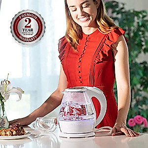 OVENTE Lighted Electric Glass Kettle 1.5 Liter with Blue LED Light and Stainless Steel Lid, Fast Heating Countertop Tea Maker Hot Water Boiler with Auto Shut-Off & Boil Dry Protection, White KG845W