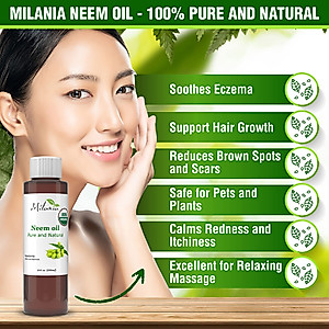 MILANIA Premium Organic Neem Oil (8 Oz.) Virgin, Cold Pressed, Unrefined 100% Pure Natural Grade A. Excellent Quality.