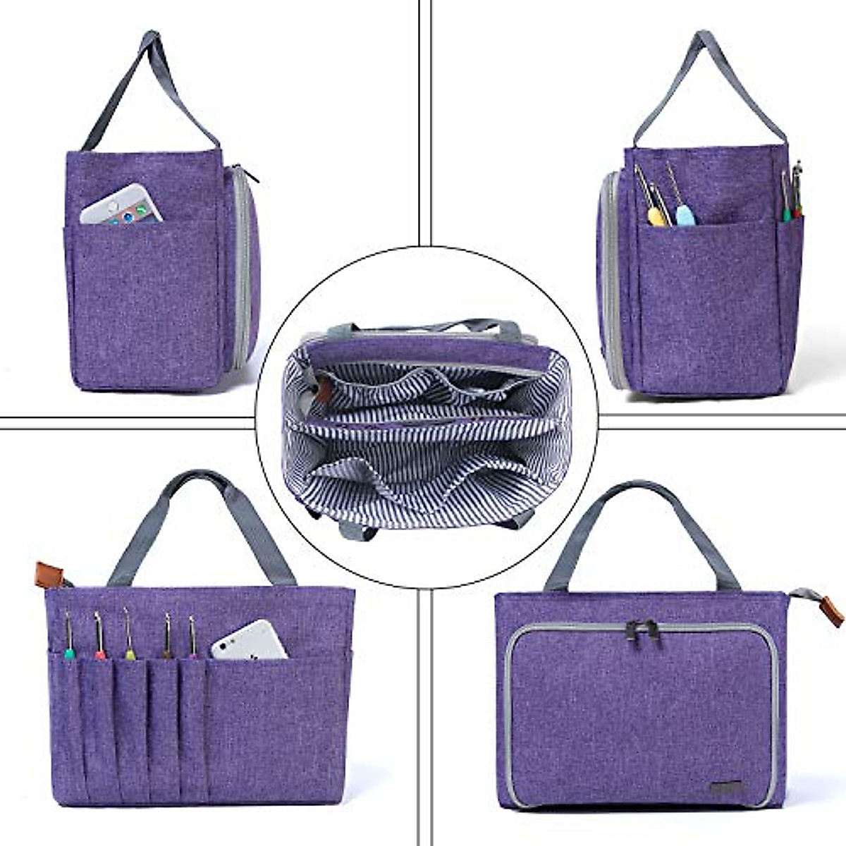 Luxja Crochet Tote Bag, Yarn Storage Bag for Small Unfinished Projects, Crochet Hooks and Other Accessories, Purple