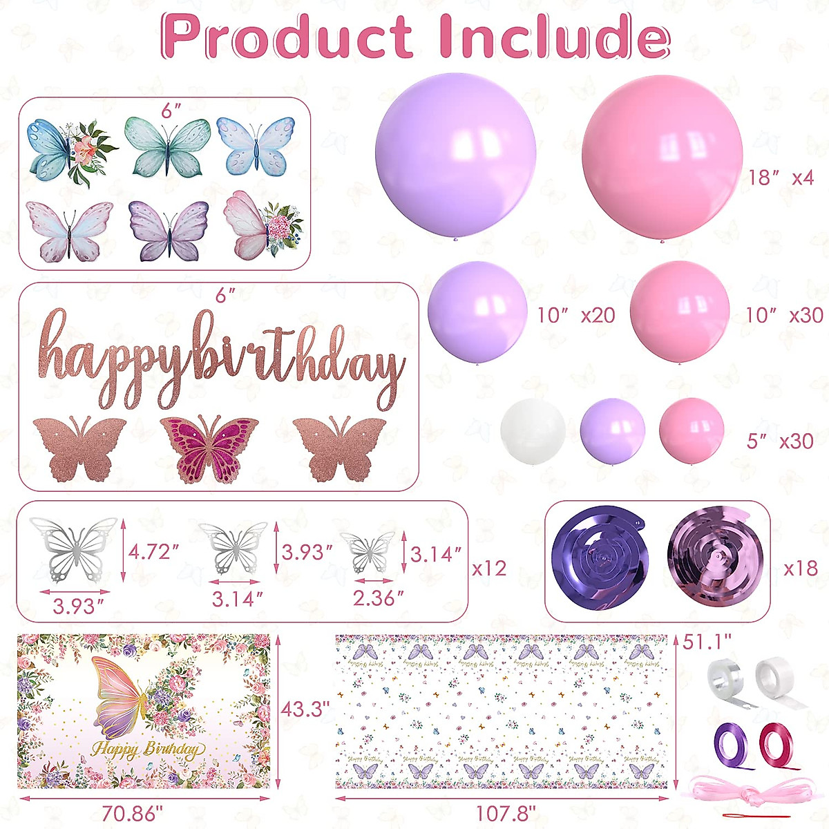 MOMOHOO Butterfly Birthday Party Decorations - 109Pcs Pink and Purple Balloons Arch Kit Butterfly Backdrop for Birthday Party, Butterfly Tablecover, Happy Birthday Banner Butterfly Stickers Decoration