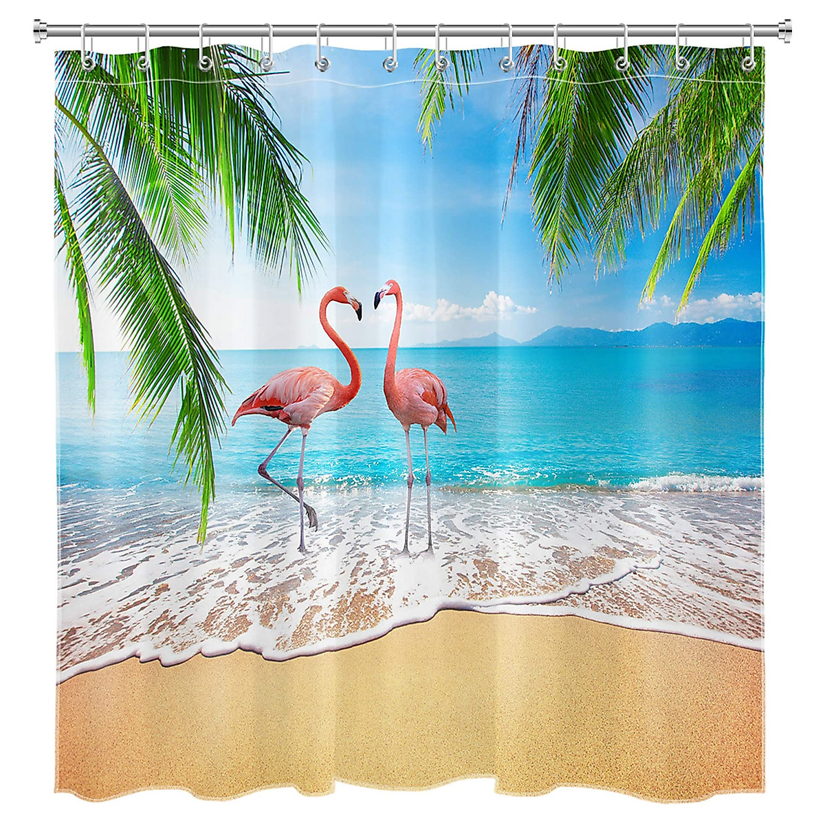 LB Summer Beach Theme Shower Curtain for Bathroom,Funny Flamingo and Blue Sky Ocean Fabric Shower Curtain with Hooks,Tropical Plant Palm Leaf Bathroom Curtains Shower Set, 72x72 inches