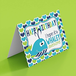 WHALEY Awesome Whale Themed Birthday Pun Themed Single (1) All Occasion Blank Birthday Card To Send To Friends & Family, 4"x 6" (when folded) Fill In Greeting Note Card by AmandaCreation