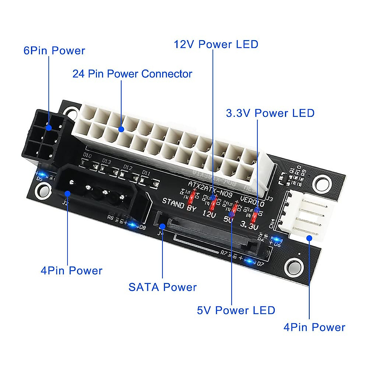ADD2PSU Power Supply Connector 4 in 1 Molex 4Pin/SATA/ATX 6Pin/4Pin Dual PSU Multiple Power Supply Adapter, Synchronous Power Board, Add 2PSU with Power LED (Black)