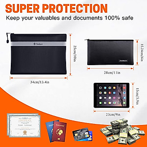 Andyer Fireproof Document Bag with Money Bag - 2 Pack 13.4”x10” and 11"x6" Waterproof & Fireproof Bags - Fireproof Safe Storage Pouch with Zipper for A4 Documents, Money, Cash, Passport and Tablet