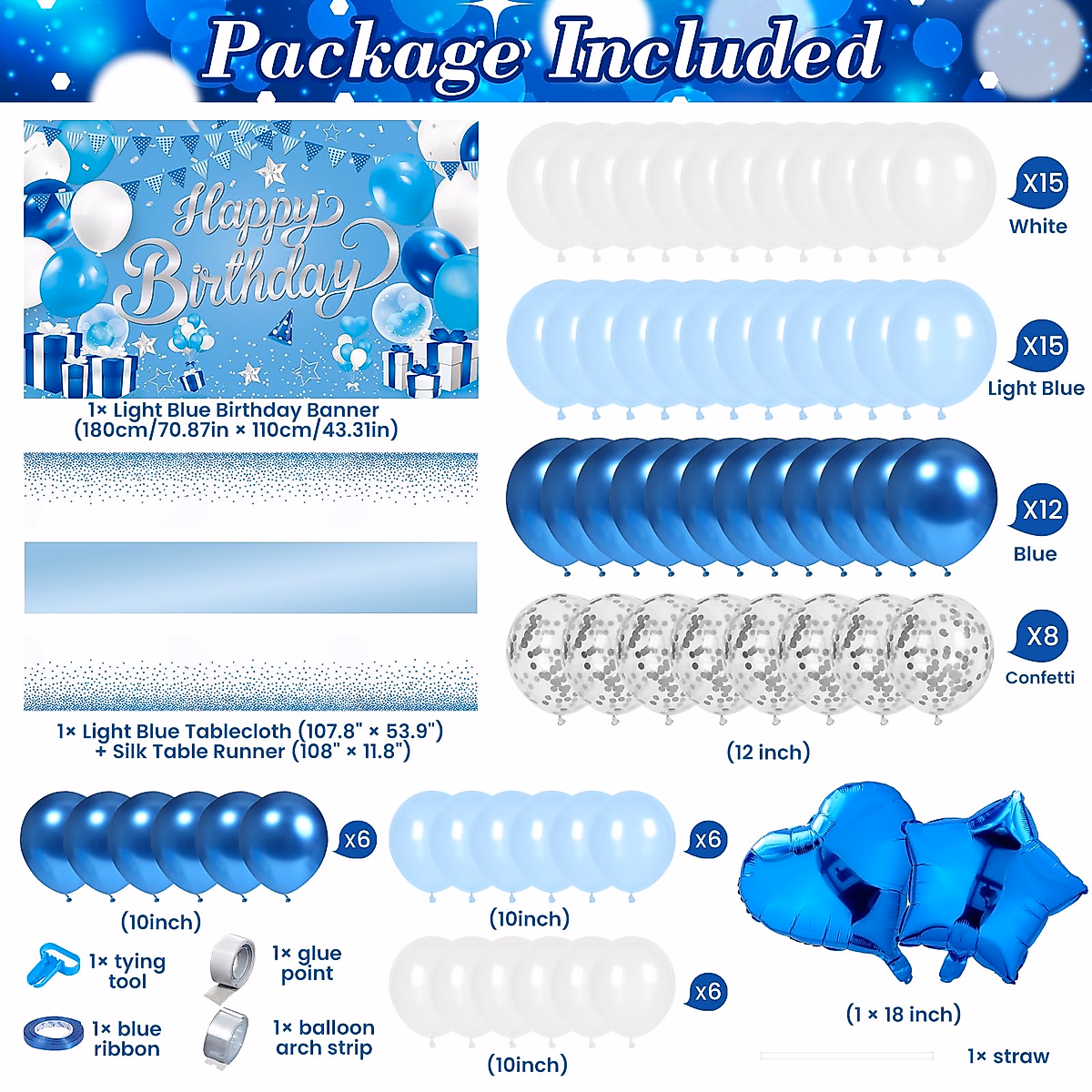 Light Blue Birthday Party Decorations Light Blue Birthday Backdrop Banner Light Blue Birthday Decorations with Heart Star Foil Balloons Tablecloth Party Supplies for Boys Girls Birthday Baby Shower